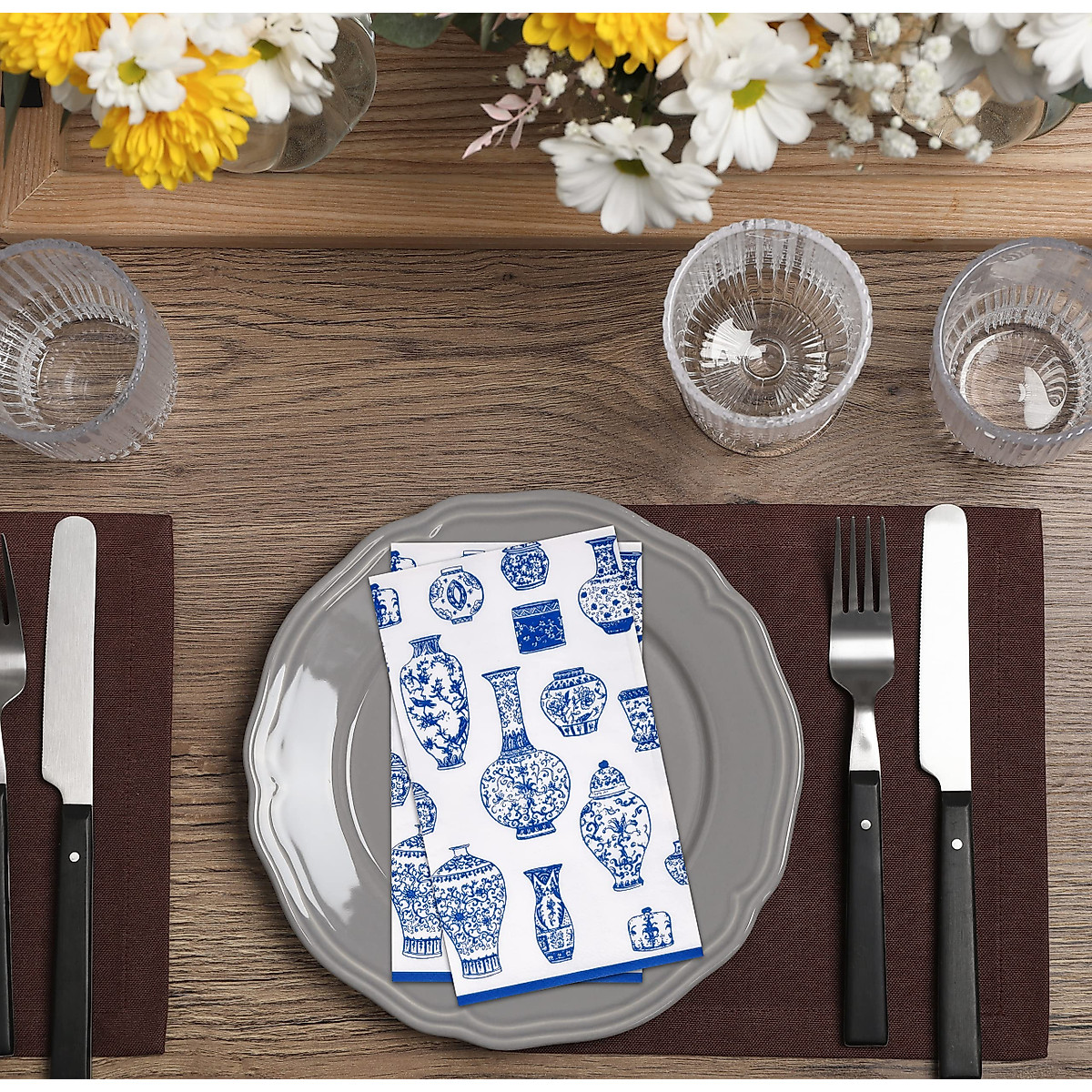 Gift Boutique 100 Blue Floral Vase Guest Napkins Decorative Hand Towels 3 Ply Disposable Paper Blue & White Vases & Urns Napkin for Bathroom Holiday Wedding Bridal Shower Birthday Dinner Party Towel