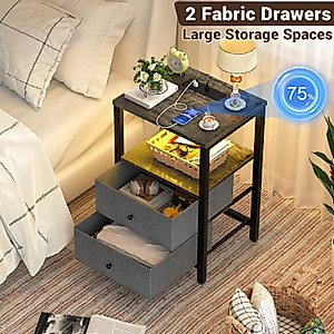 Cyclysio NightStands Set of 2 with LED Lights, Night Stand with Charging Station, 25.6'' Bedside Tables with 2 Drawers for Bedroom Living Room, Grey