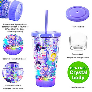 GILANO 18oz Kids Tumbler Water Drinking Bottle with LED Light Up - BPA Free, Straw Lid Cup, Reusable, Lightweight, Spill-Proof Water Bottle with Cute Design for Girls & Boys (Mermaid)