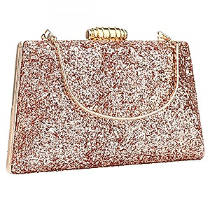 Sparkling Evening Bag Glitter Evening Handbag Party Clutch Shoulder Bag with Removable Chain (Rose gold)