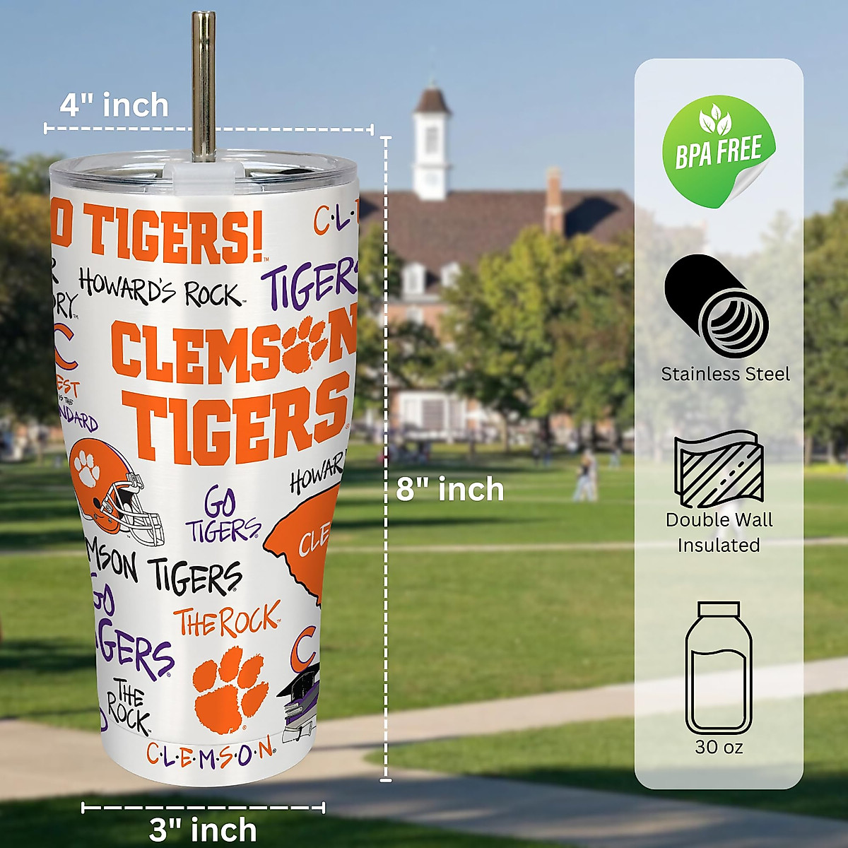 Clemson University 30oz Stainless Steel 3D Icon Travel Mug – High Performance Double-Walled Thermos w/Convertible Lid & Straw – Insulated Decorative NCAA Beverage Tumbler – For Hot or Cold Drinks
