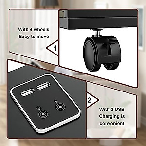 Shahoo Nightstand Set of 2 with Charging Station and 3 LED Lights, Modern End Side Table Featuring Open Storage, Drawer, Adjustable Rotary Stand Plate for Bedroom, Black, 2