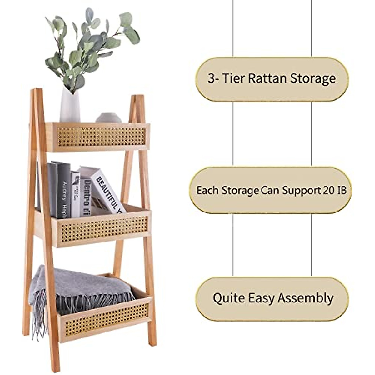 ZYBT Ladder Bookshelf, 3-Tier Rattan Bookshelf, Free Standing Bookcase, Blanket Ladder, Wood Organizer Storage Shelves for Living Room Bedroom Kitchen Bathroom Balcony and Home Office