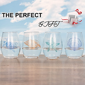 Ocean Themed Stemless Wine Glasses, Set of 4 Seashore Glassware - Sea Turtle, Starfish, Seashell, Conch Shell Assortment, Gifts for Coastal Beach Sea Lovers, Birthday Gifts for Women Best Friends Gift