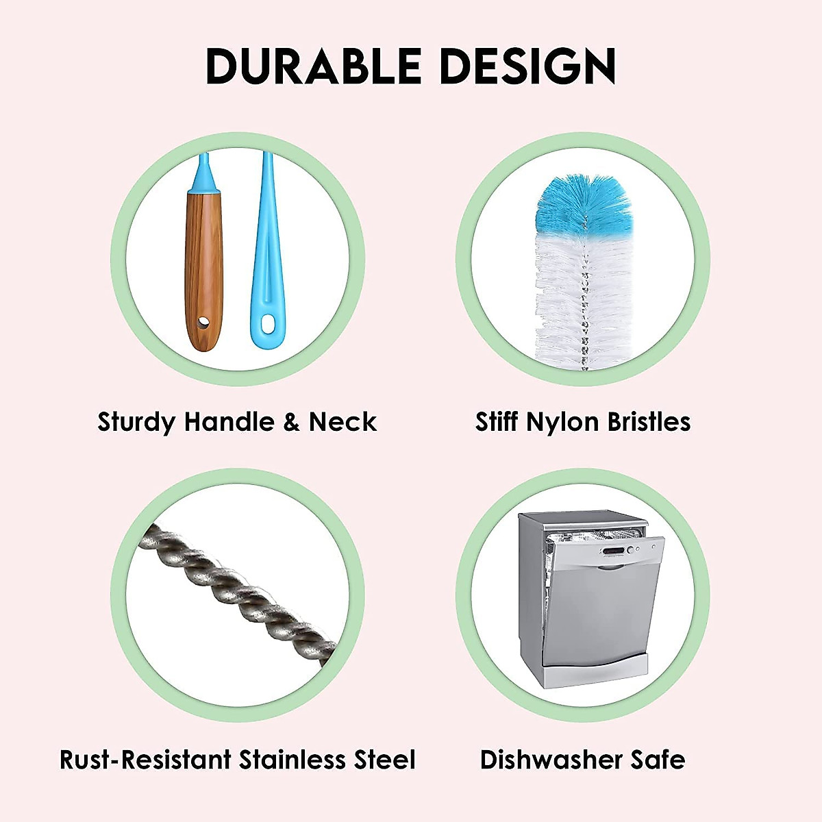 Turbo Microfiber Bottle Brush Cleaner Pack - Set of 5 Long, Cleaning Brushes for Baby Bottles, Water Bottles, Straws, Tumblers, Wine Decanters and Flask - Kitchen Supplies