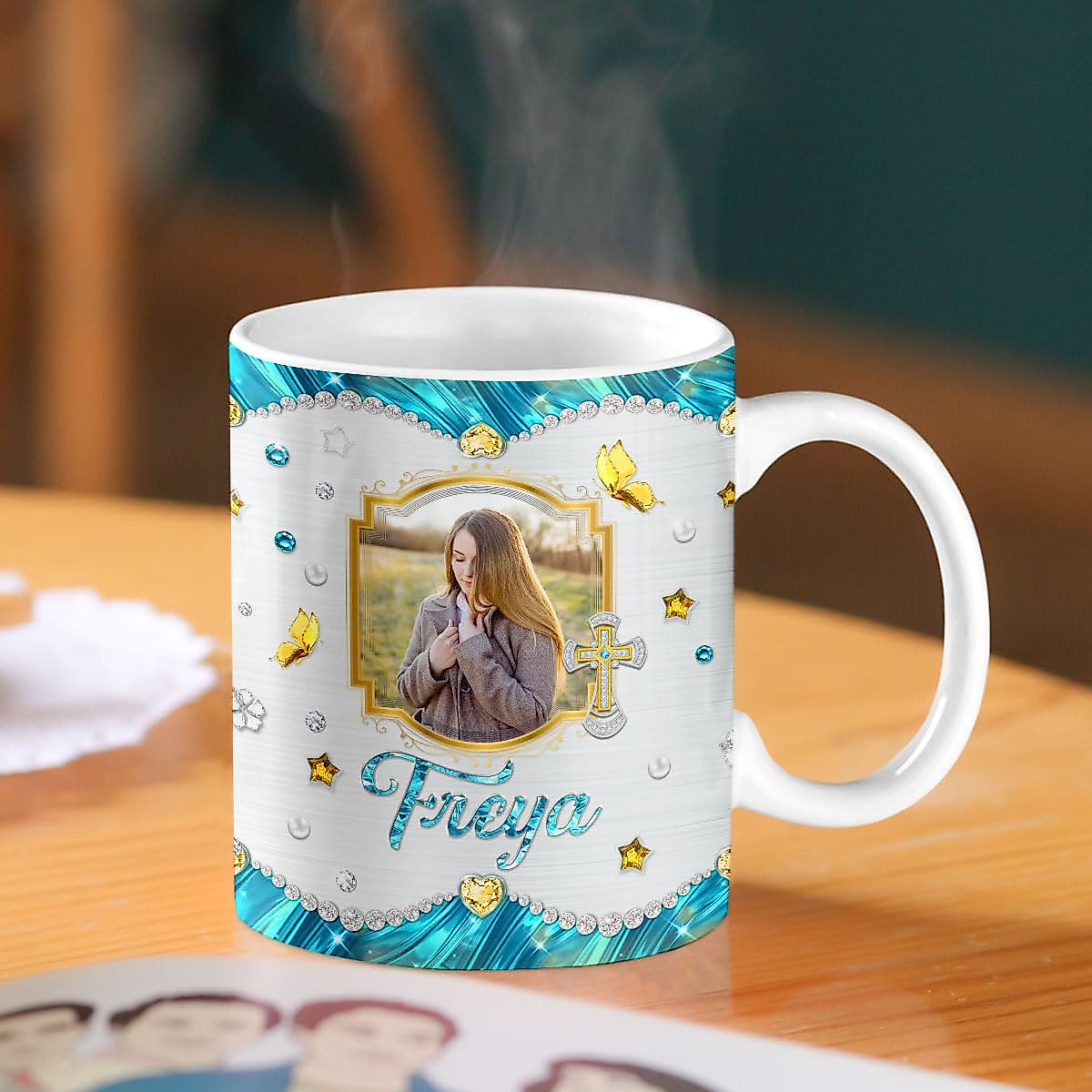 White Ceramic Coffee Mug Photo Mugs Personalized Picture Christian Custom Name Faith Birthday Gifts For Women Mom Mothers Day Novelty Tea Cup Table Desk Jewelry Style 11 and 15 Oz