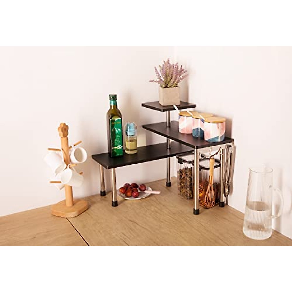 Venloup Upgraded 3 Tier Corner Shelf, Adjustable Bamboo Storage Spice Rack with Hooks, Freestanding Space Saving Counter Display Shelf for Kitchen, Office and Bedroom （Black