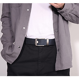 JUKMO Ratchet Belt for Men, Nylon Web Tactical Belt with Automatic Slide Buckle, Adjustable Trim to Fit (Blue, For Waist 20"-40" (Length 47"))