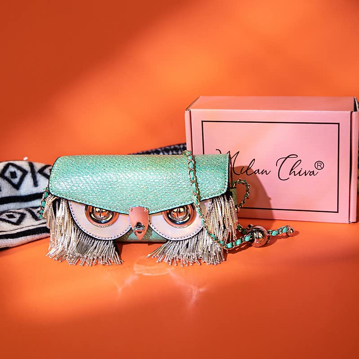 Designer Purse Owl Glitter Purse Beaded Fringe Crossbody Bags for Women Chain Shoulder Bag MC-1028GN