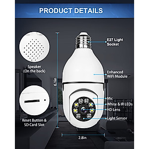 bluedery E27 360° Light Bulb Camera, 2.4GHz & 5G WiFi Security Cameras Wireless, 1080p Night Vision Home Security, Indoor Video Surveillance System, Motion Sensor Detection, Two-Way Audio-Talk