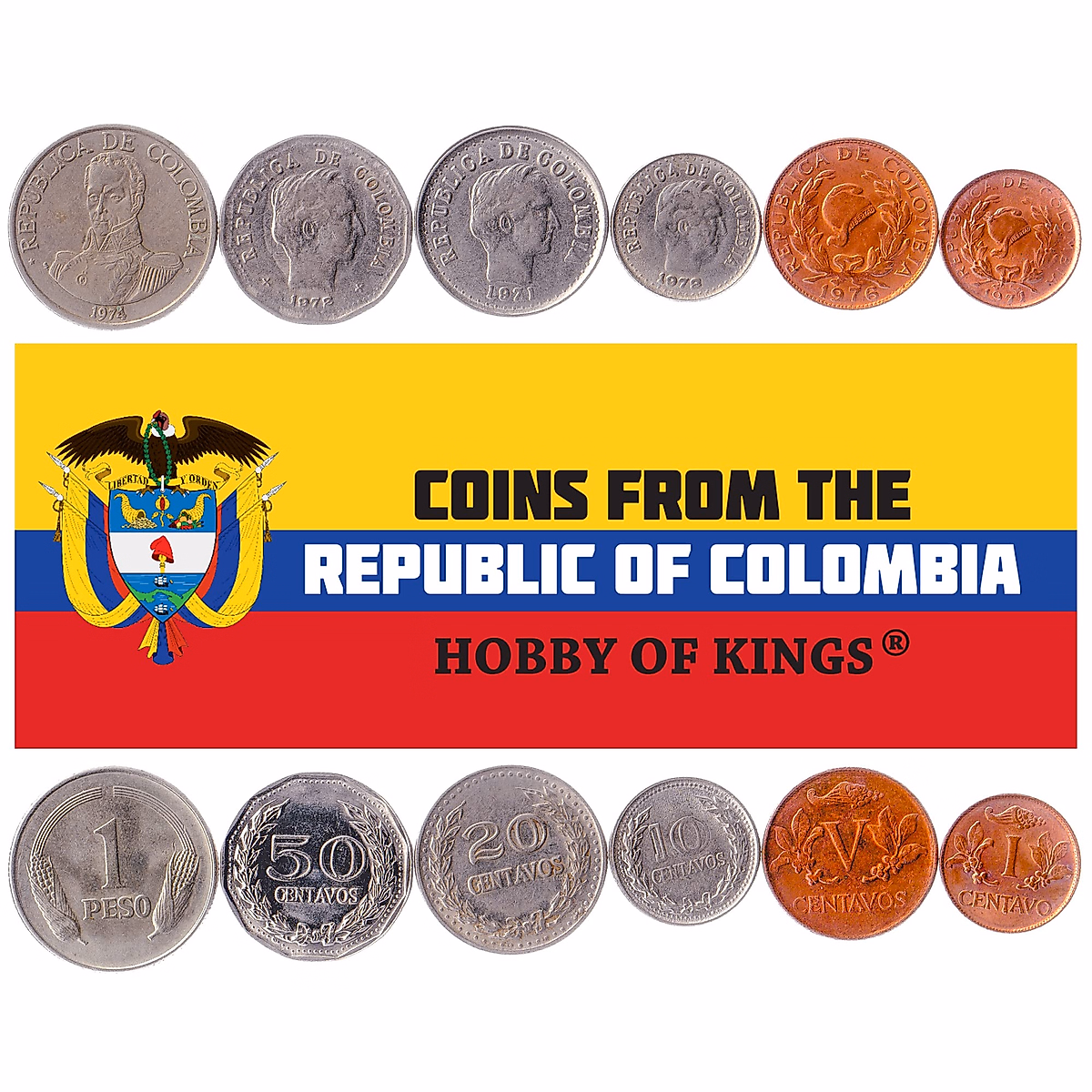 6 Coins from Colombia | Colombian Coin Set Collection 1 5 10 20 50 Centavos 1 Peso | Circulated 1969-1979 | Laurel Wreath | Francisco de Paula Santander | Phrygian Cap | Simon Bolivar