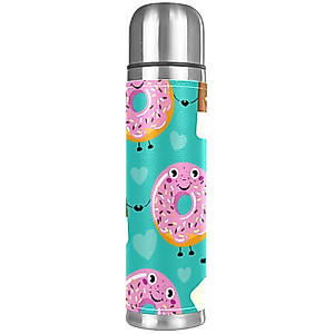 Stainless Steel Leather Vacuum Insulated Mug Donuts Coffee Thermos Water Bottle for Hot and Cold Drinks Kids Adults 16 Oz