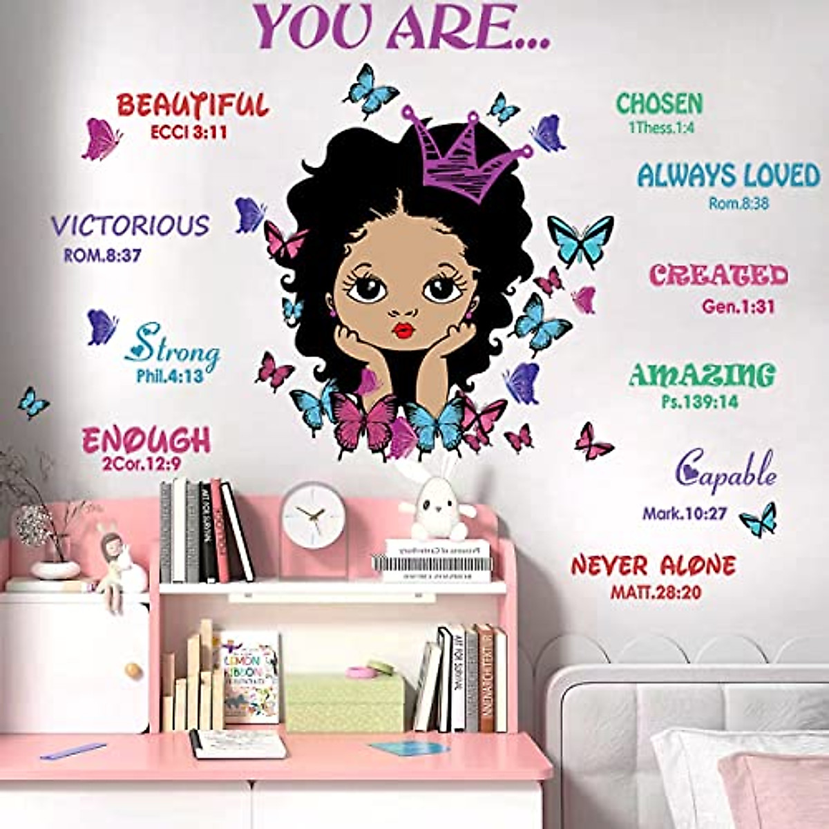 Black Girl You Are Beautiful Inspirational Quote Wall Decal with Butterflies Motivational Saying Positive Sticker Decor African American Girl Bedroom Wall Sticker for Baby Bedroom Wall Art Decoration for Kid Toddler Room.