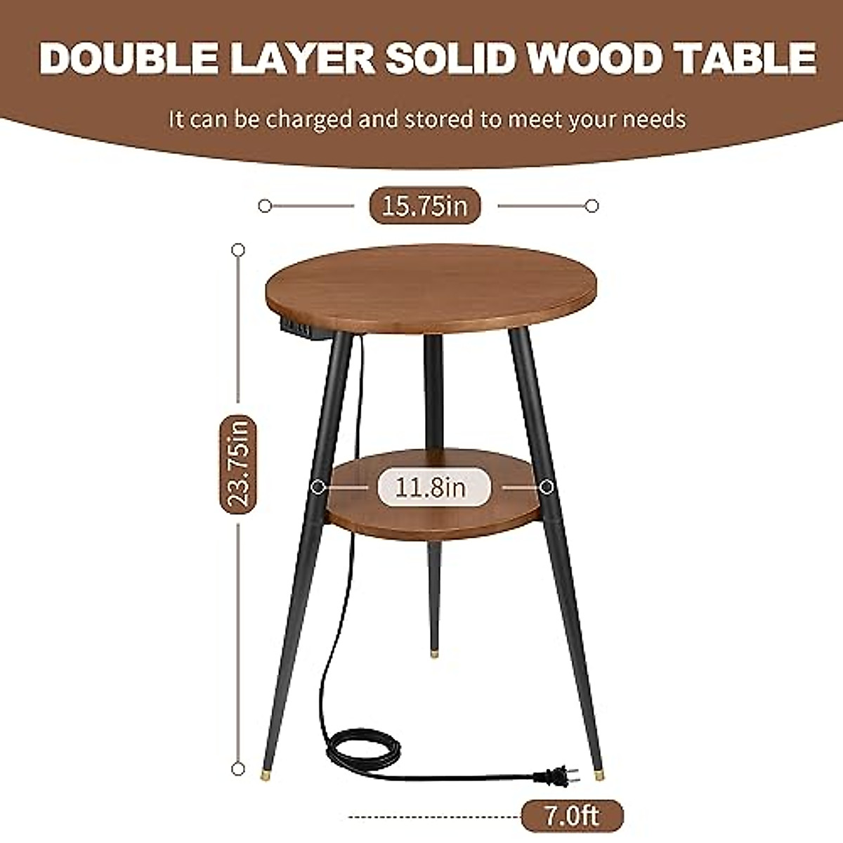 kinnary end Table with Charging Station, 2 Tier Walnut Wood Small Round Side with Storage for Small Spaces, Round nightstand Small Accent Table for Living Room Sofa Tall Side Tables Bedroom