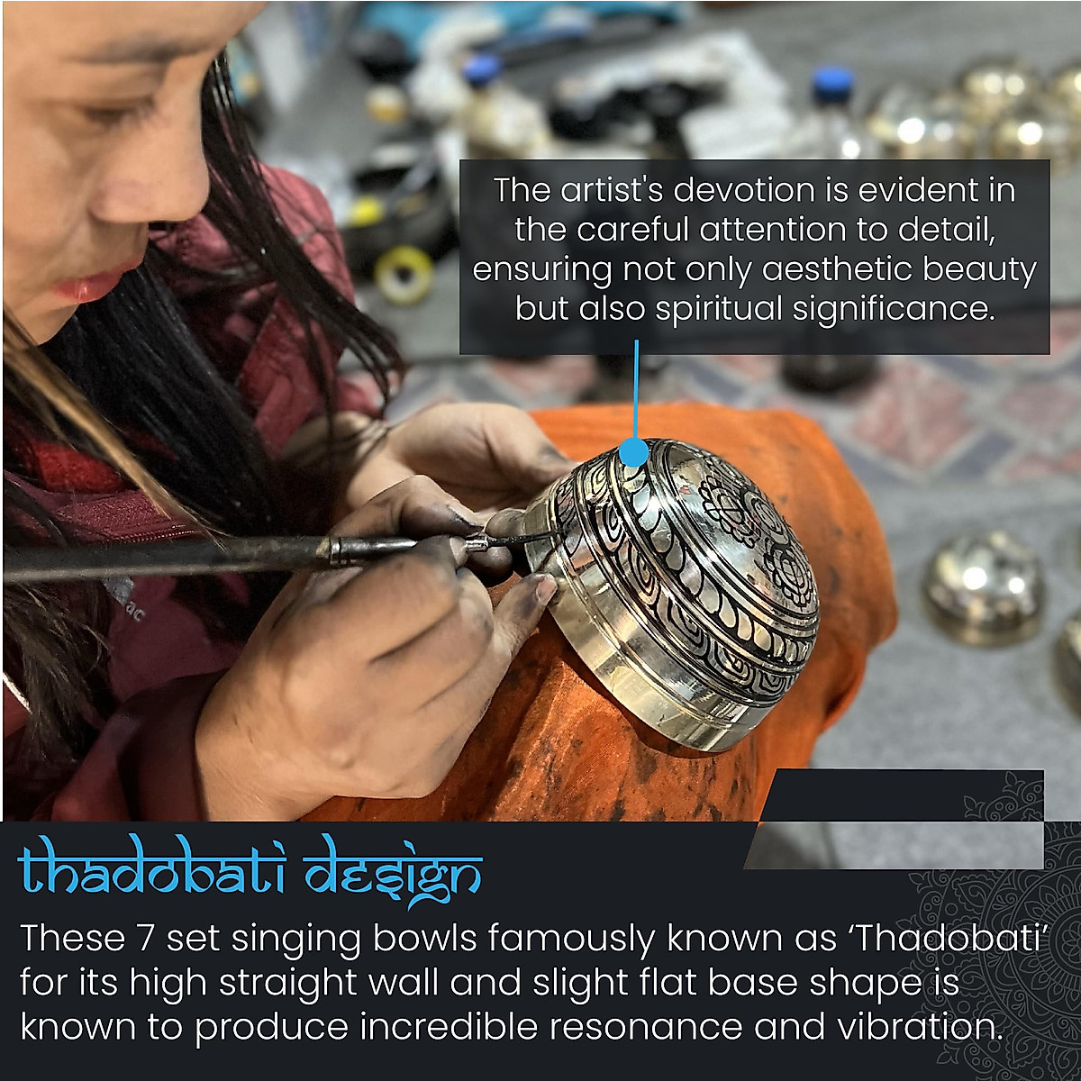 KHUSI Tibetan Singing Bowl Set of 7, Thadobati, Handcrafted, Mantra Engraved Singing Bowl for Yoga, Chakra healing, Relaxation, Stress Relief, Comes w/silk cushions, 7 sticks, Brocade Box