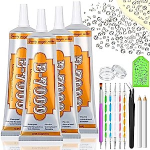 B7000 Adhesive Glue Rhinestone Kit, 4 x 15ML B-7000 Clear Craft Glue with Crystal Flatback Gems, Rhinestone Tools for Fabric, Cloth, Shoes, Nail Art, DIY Jewelry Making