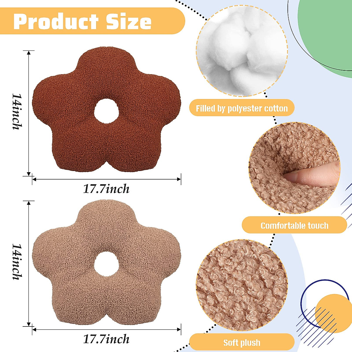 2 Pcs Flower Shaped Throw Pillow 17.7 Inch Flower Pillows Nordic Style Decorative Throw Pillows Cute Flower Floor Cushion with Soft Plush for Couch, Bed, Living Room, Office Decor (Khaki, Brown)