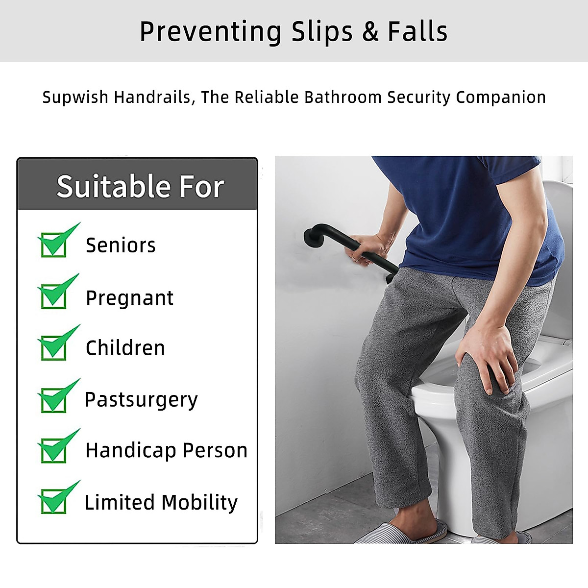 Supwish Handicap Grab Bars for Shower 16 Inch Black, 2 Pack Bathroom Grab Bars for Wall Toilet Bathtub, Shower Bars Safety Hand Rail Support Handle - Shower Grab Bars for Seniors Elderly Disabled