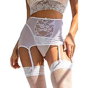 2 Pieces Lace High Waisted Garter Belts Plus Size with Panty for Women's Sexy Lingerie Stockings Sets (White, 3X-4X)