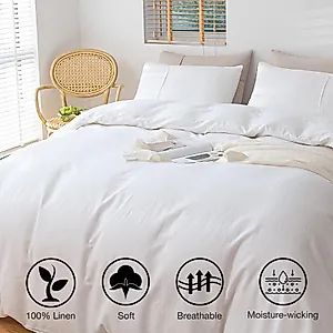 Levoo 100% Linen Duvet Cover Queen Size Pure Natural French Flax Linen Duvet Cover Soft Comfy Breathable Durable 3 Pcs Linen Bedding Set with 1 Duvet Cover Linen 2 Linen Pillowcases (Queen, White)