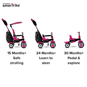 smarTrike Vanilla Plus 4 in 1 Adjustable Kids Baby and Toddler Tricycle Push Bike Ride On Toy for ages 15 Months to 3 Years, Pink