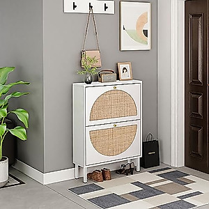 Goderfuu Rattan Shoe Cabinet with 2 Flip Drawers, Shoe Rack for Entryway Shoe Storage Cabinet, 2 Tier Small Shoe Cabinet Slim Shoe Storage Cabinet, White Shoe Cabinet for Heels, Boots, Slippers