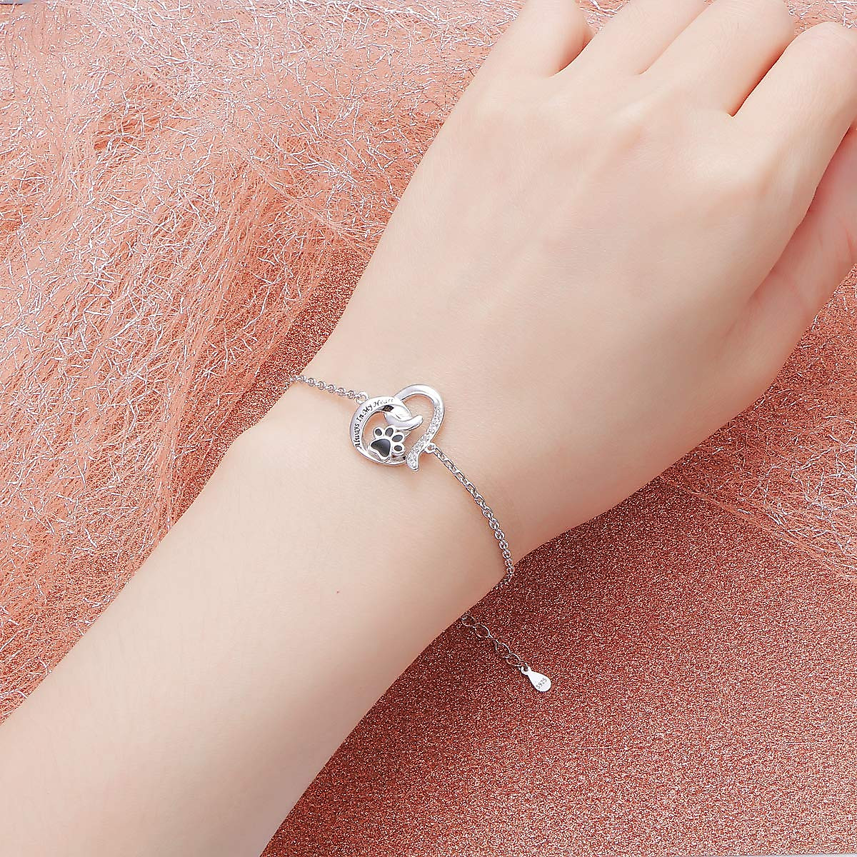 FLYOW 925 Sterling Silver Engraved Always In My Heart Cat Puppy Dog Paw Print Heart Bracelet Jewelry for Women Friends Pet Lover, 7 inch