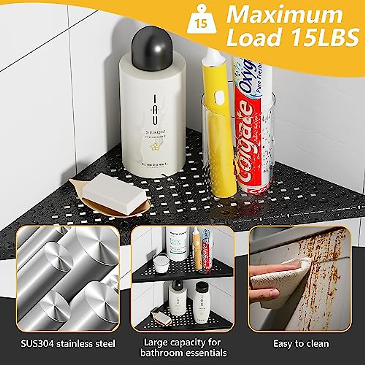 Neodrain 10 Inch Corner Matte Black Wall Shelf Set of 2, Floating Corner Shelves for Wall, 304 Stainless Steel Wall Storage Shelves for Bathroom,No Drilling