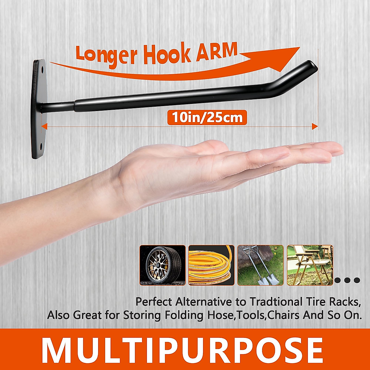 MHHO-WG 4PACK Tire Rack Wall Mount,10 Inch Large Garage Hooks Heavy Duty Storage, Ladder Hooks for Hanging,Tire Rack Wall Mount，Garage Organizer