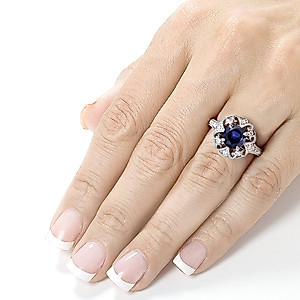 Kobelli Antique Style Round Blue Sapphire and Diamond Vintage Style Engagement Ring 1 1/2 Carat (ctw) in 14k White Gold, Size 9.5