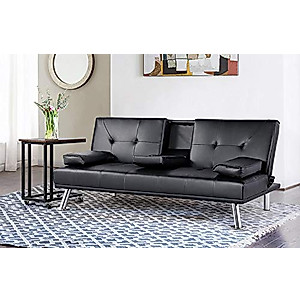 Topeakmart Living Room Futon Sofa Bed Faux Leather Sofa Couch Modern Convertible Folding Recliner with Cup Holders Living Room Furniture Sofa Black