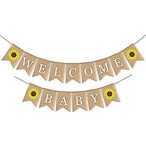 SWYOUN Burlap Welcome Baby Banner with Sunflower Baby Shower Supplies Garland Decoration