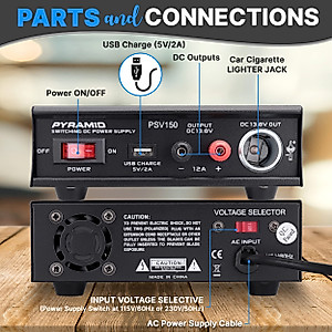 Pyramid Universal Compact Bench Power Supply- 12Amp Variable Linear Regulated Home Lab Benchtop AC-DC Power Converter - USB Port,Cigarette Lighter,115/230V AC,Screw Terminal,Cooling Fan - PSV150,Black