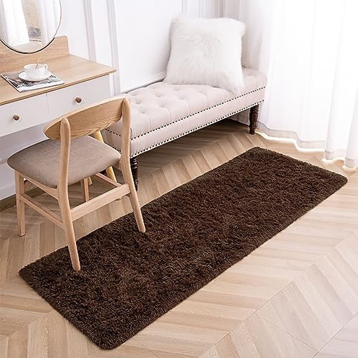 Toneed Fluffy Runner Rug for Bedroom Living Room, 2 x 6 Feet Brown Shaggy Rug Super Soft Modern Indoor Area Rug Fuzzy Plush Carpet for Dorm Nursery Kids Room Home Decorative