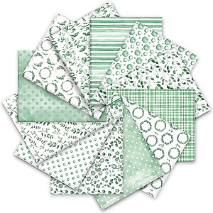 Whaline 12Pcs Greenery Cotton Fabric Bundles Watercolor Green Eucalyptus Leaves Fat Quarters Sewing Fabrics for DIY Handmade Crafting, 18 x 22 Inch