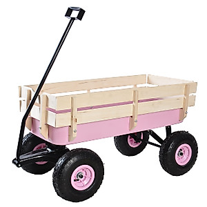 ZeHuoGe Outdoor Sport Pink Wagon All Terrain Pulling w/Removable Wooden Side Panels Air Tires Big Foot Panel Wagon, Pull-Along Wagons (Pink)