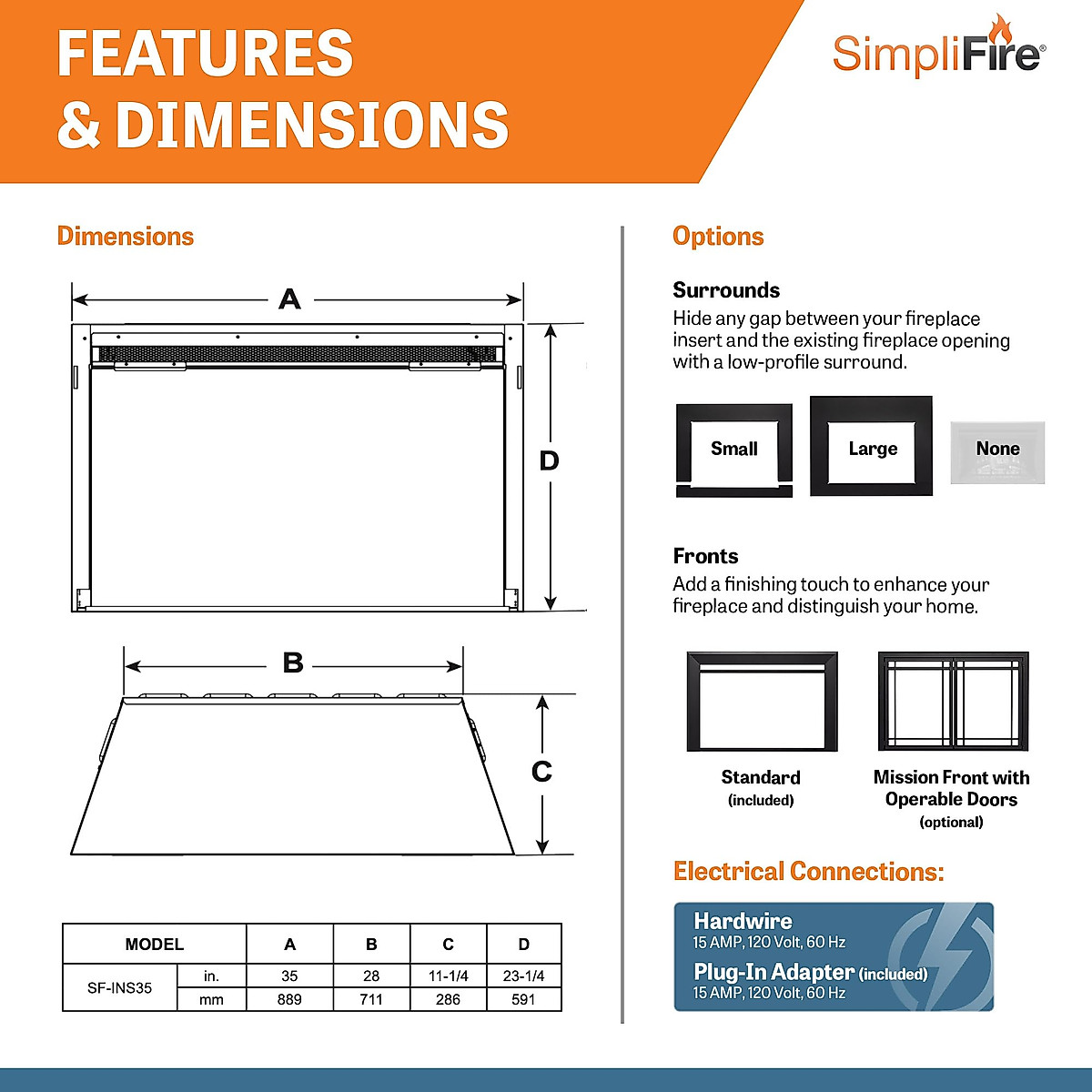 SimpliFire Electric Fireplace Insert, 35-Inch, Contemporary Front, Large Surround, Installs Into a Wood Fireplace Opening, Textured Logs, Multi-Function Remote with Timer, 1500W Heater