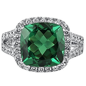 PEORA 6.50 Carats Simulated Emerald Ring for Women 925 Sterling Silver, 11mm Cushion Cut, Size 7
