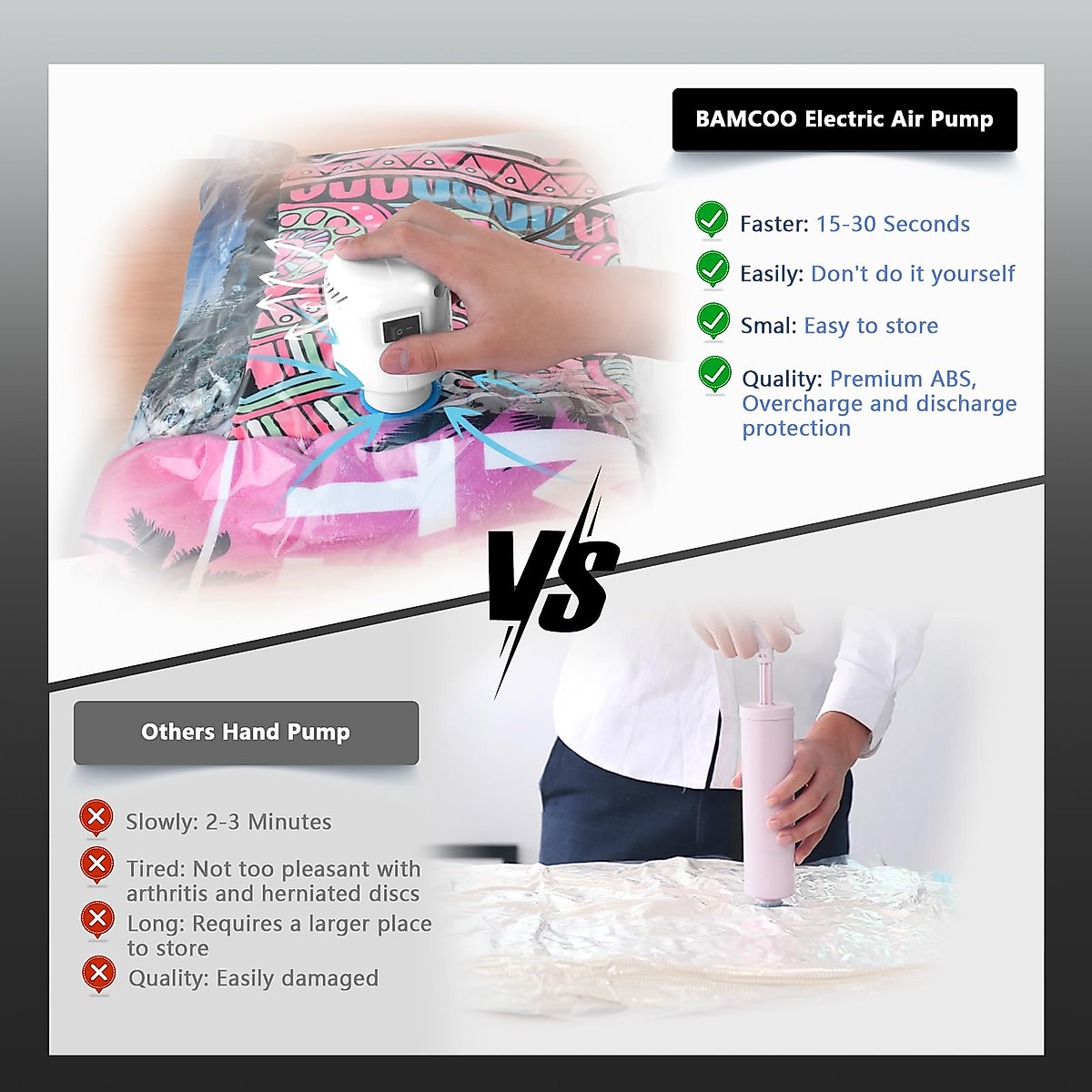 BAMCOO Electric Pump for Vacuum Storage Bags Travel Vacuum Pump for Various Vacuum Seal Bags Portable Vacpack Air Pump for Compression Clothing Blanket Luggage White(Storage Bag Not Included)