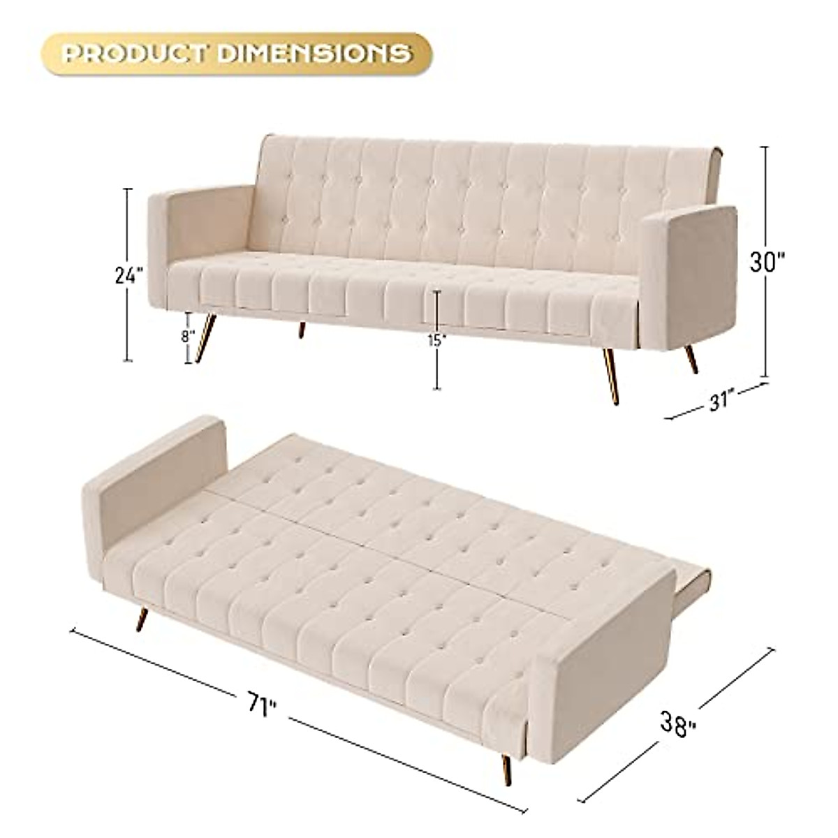 OUYESSIR Velvet Futon Sofa Bed with 2 Pillows, Convertible Futon Couch, Sturdy Sleeper Sofa in 71 inch, Small Futon Sofas (Beige)