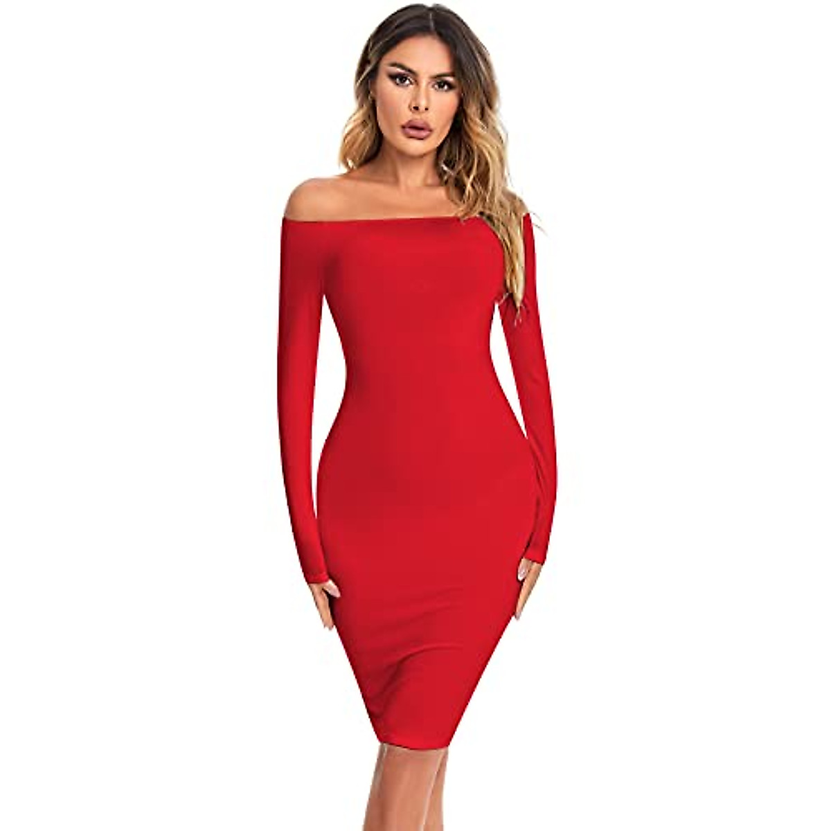 Verdusa Women's Basic Off Shoulder Long Sleeve Bodycon Short Dress Red S