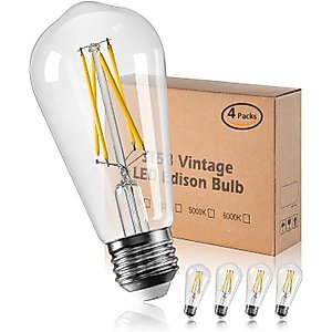 Ultra-Lasting 25000hs+ ST58 E26 LED Bulbs 60 Watt Vintage LED Edison Bulbs Warm White 2700K High Brightness, Bathroom Light Bulbs with 90+ CRI Non Dimmable Clear Glass, Pack of 4
