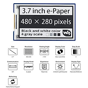 Coolwell Waveshare 3.7inch E-Paper E-Ink Display HAT for Raspberry Pi/Jetson Nano, 480×280 Pixels e-Paper Module, Black/White Color, SPI Interface