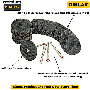 Fiberglass Reinforced Cut-Off Wheels 50 Pieces 1 1/4 inch Diameter Abrasive Cutting Tool Disc with (4) 402 Mandrels Included Rotary Discs Compatible with Dremel 426 426b
