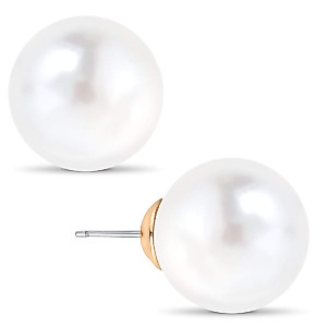 Large Pearl Earrings for Women - Big Pearl Earrings for Women Studs, Large Pearl Studs Earrings for Women, Oversized Pearl Earrings 14mm White Faux Pearl Earring Studs, Big Stud Earrings for Women
