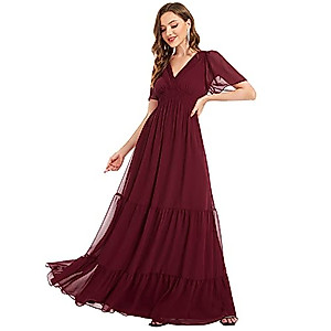 Ever-Pretty Women's Chiffon V Neck Back Lace up Short Sleeves Pleated Maxi Bridesmaid Dress Burgundy US10