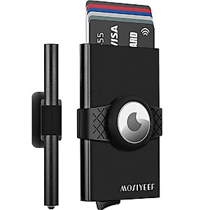MOSIYEEF Mens Wallet with AirTag Holder - Minimalist Stealth Pop Up Wallet for Men Compatible with Apple AirTag - Slim RFID Metal Wallet with Rubber Bands Holds 10-14 Credit Cards and Cash