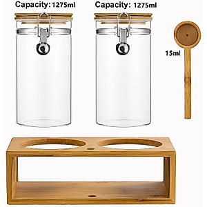 Yangbaga Glass Coffee Containers with Shelf, 2 x 45 FLOZ Coffee Bean Storage with Airtight Locking Clamp and Bamboo Spoon, Large Capacity Food Storage Jar for Kitchen