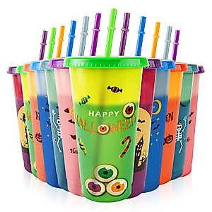 AuroTops 12PCS Halloween Color Changing Cups with Lids and Straws for Halloween Decorations, 24 oz Reusable Plastic Tumblers Bulk for Adults Kids, Halloween Party Supplies Gift