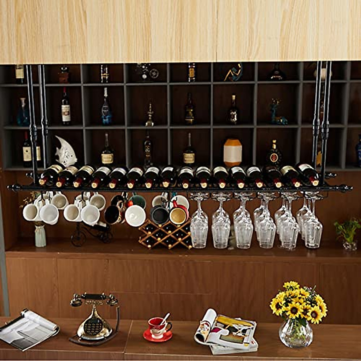 Ceiling Wine Rack, Black Hanging Cup and Glass Goblets Stemware Holder ，Red Wine Bottle Drink Storage Shelf， Bar Restaurant Decorative Display Organizer (Size : 60x30cm)